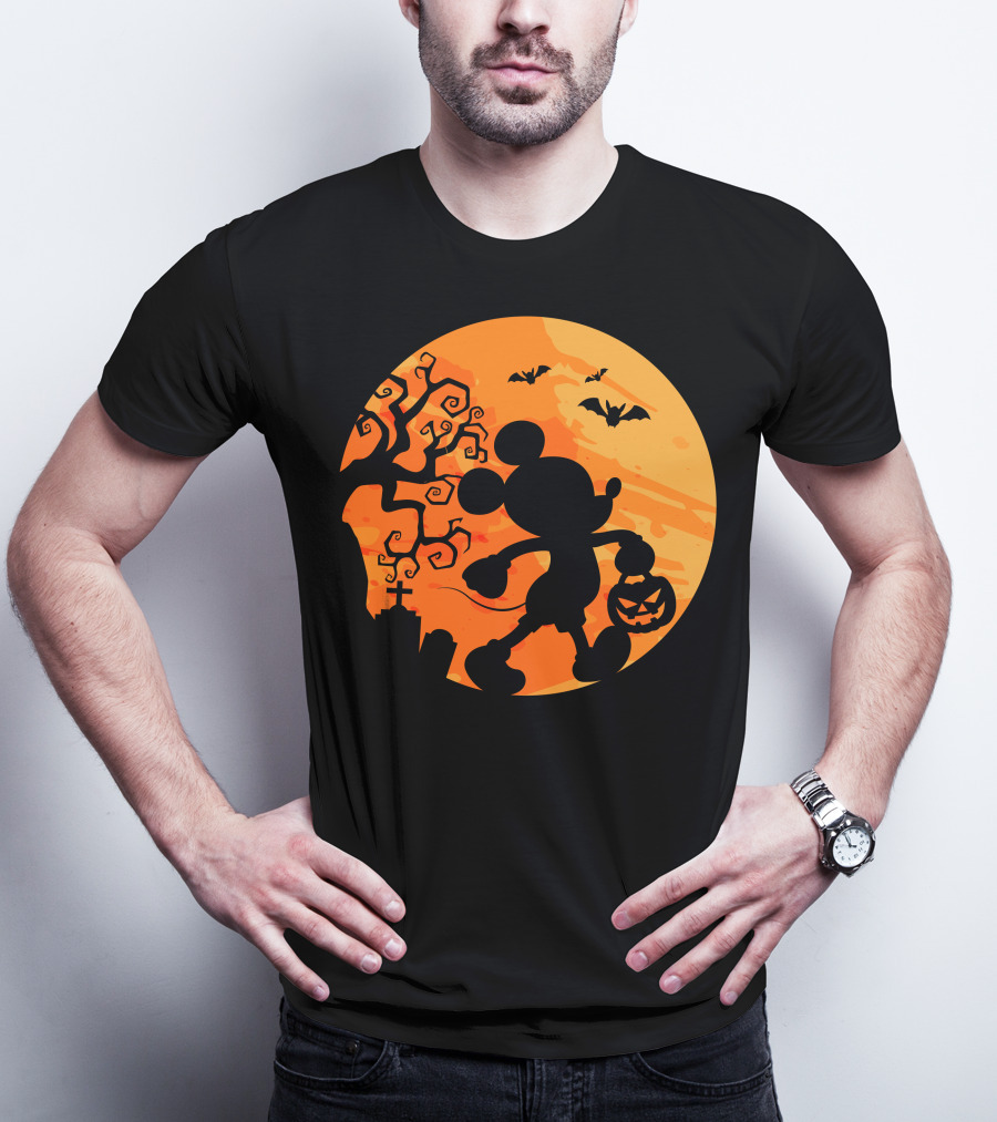 Halloween 54 Mickey Mouse Silhouette With Pumpkin And Bats T-Shirt