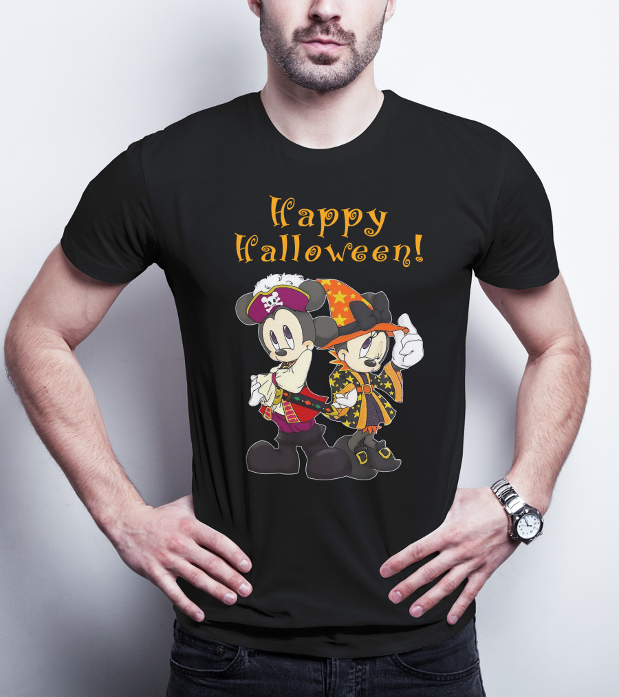 Happy Halloween Mickey And Minnie Mouse Pirate And Witch Costume T-Shirt