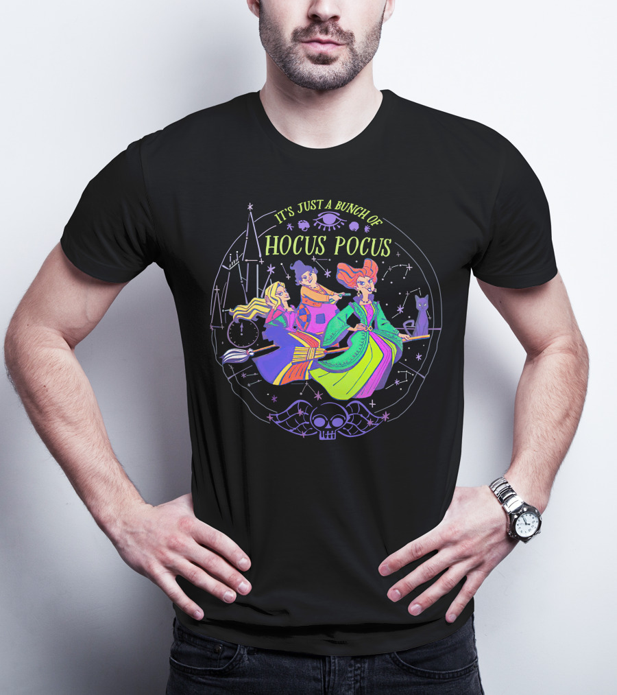Hocus Pocus It's Just A Bunch Of Witches Flying With Magical Symbols And Black Cat T-Shirt