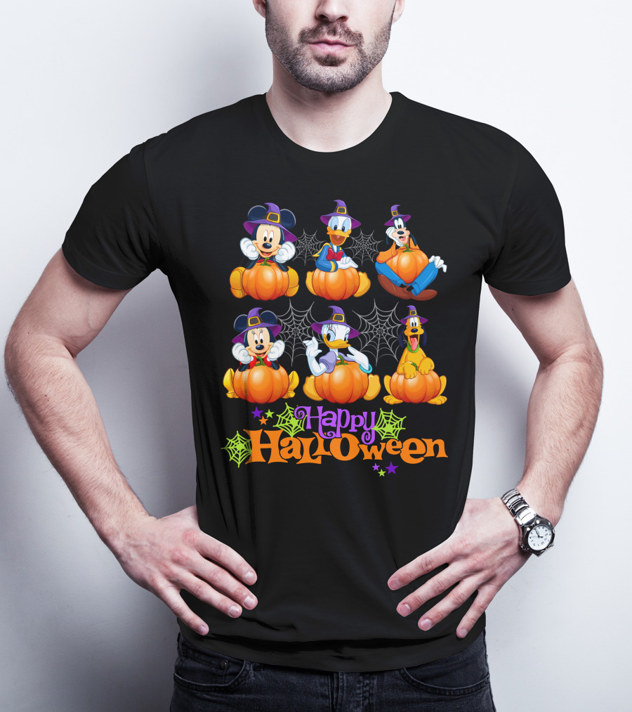 Mickey And Friends Happy Halloween Pumpkins And Spiderwebs T-Shirt