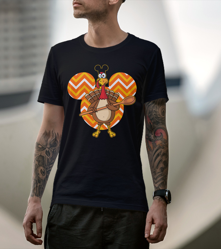 Thanksgiving Turkey With Spoon And Mickey Ears On Chevron T-Shirt