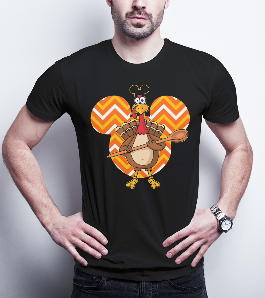 Thanksgiving Turkey With Spoon And Mickey Ears On Chevron T-Shirt