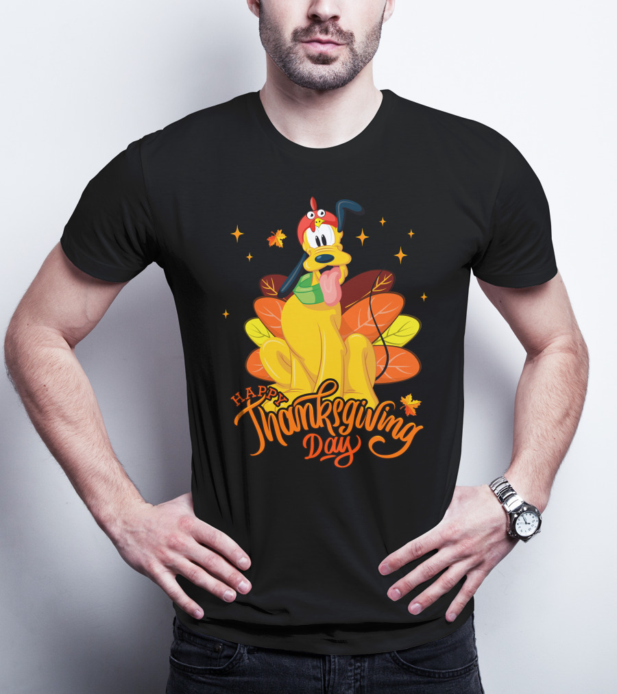 Happy Thanksgiving Day Pluto Turkey Costume Autumn Leaves Stars T-Shirt