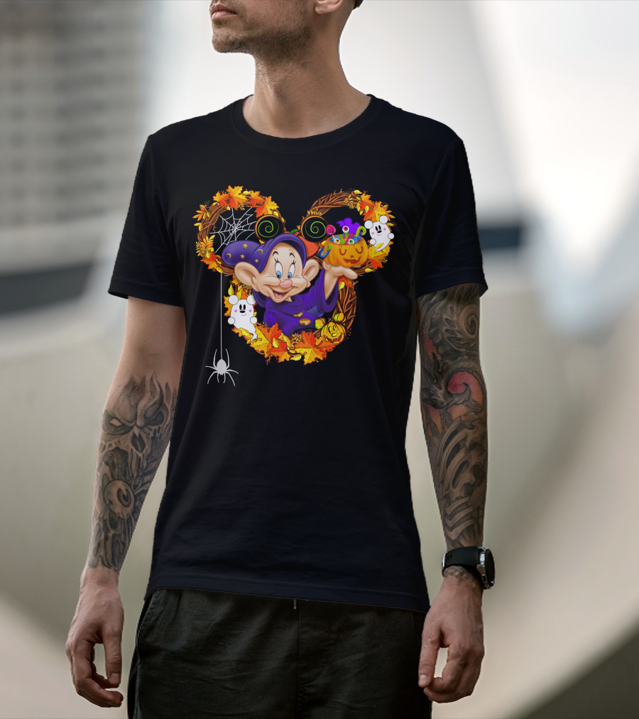 Dopey Halloween Mickey Ears Autumn Leaves Ghosts And Pumpkins T-Shirt