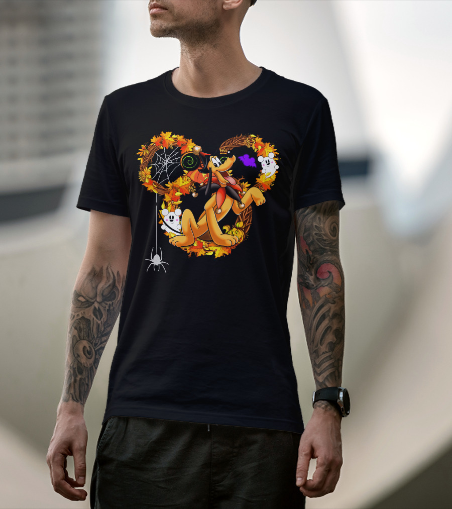 Pluto Halloween Autumn Wreath With Ghosts And Spiderweb T-Shirt