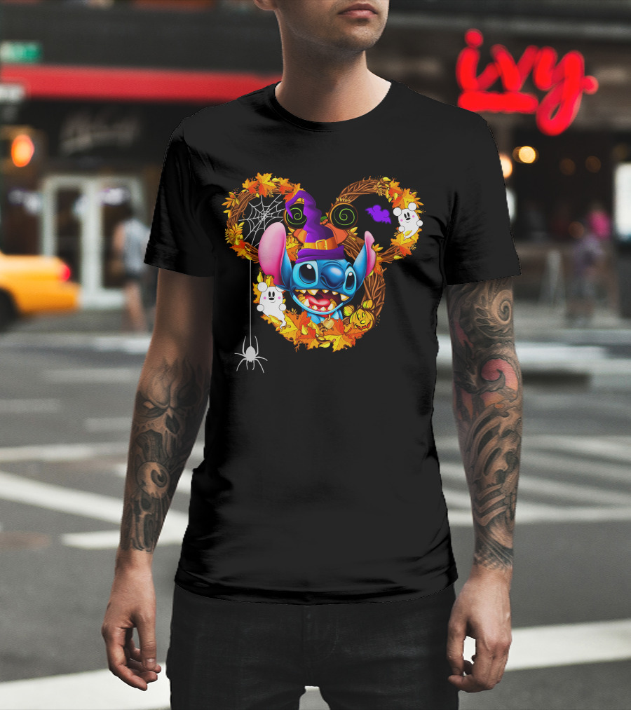 Stitch Halloween Mickey Mouse Ears With Spooky Autumn Leaves And Spider Web T-Shirt