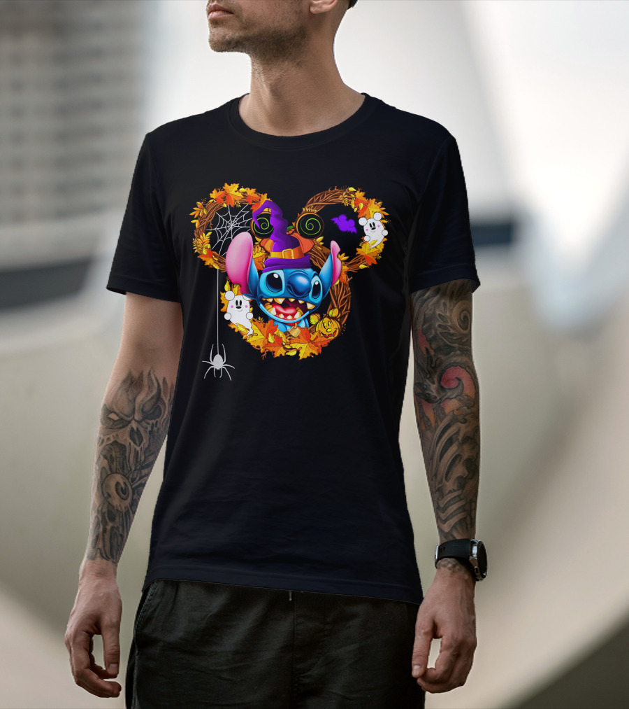 Stitch Halloween Mickey Mouse Ears With Spooky Autumn Leaves And Spider Web T-Shirt