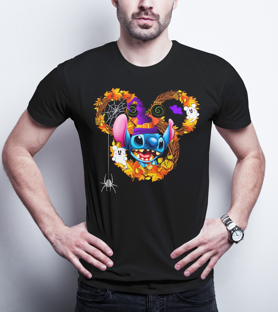 Stitch Halloween Mickey Mouse Ears With Spooky Autumn Leaves And Spider Web T-Shirt
