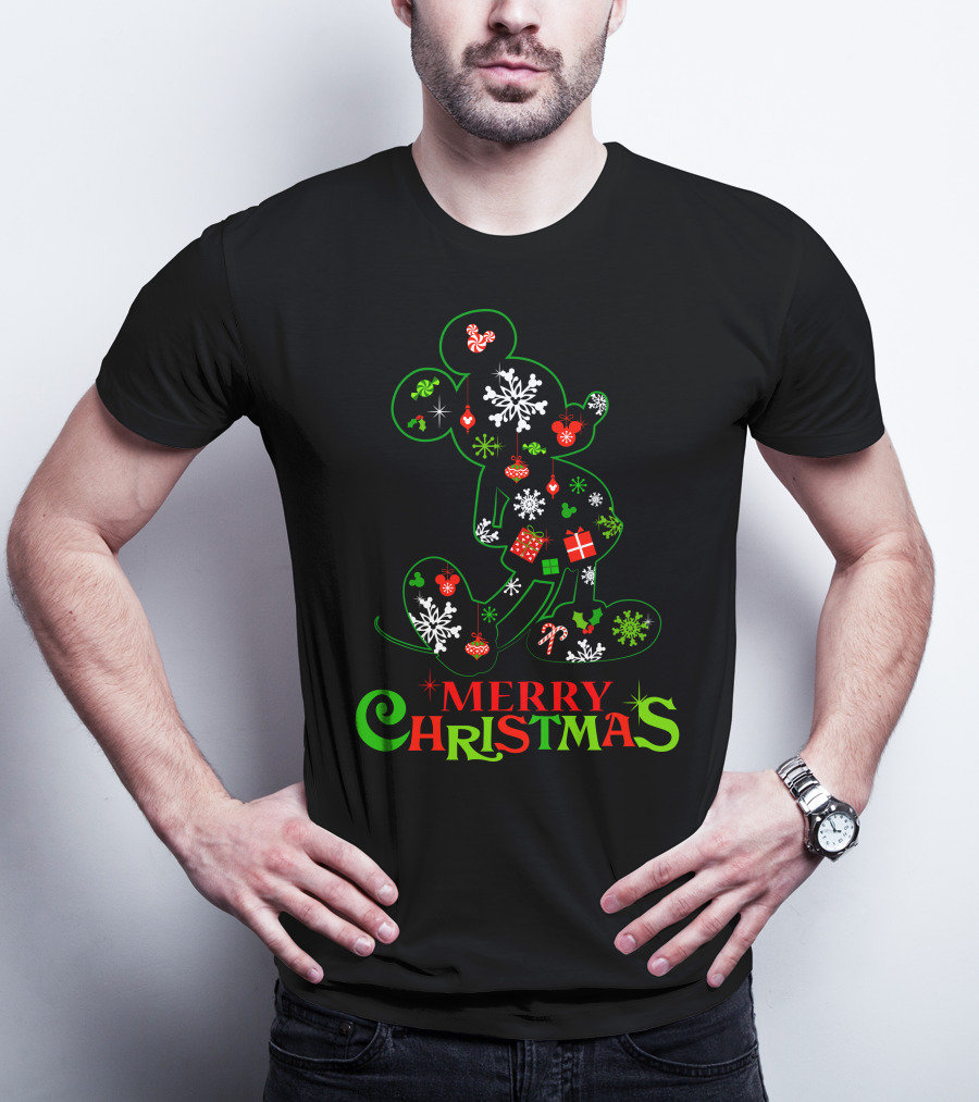 Merry Christmas Snowflakes Candy Cane Mickey Mouse Silhouette 128 T-Shirt