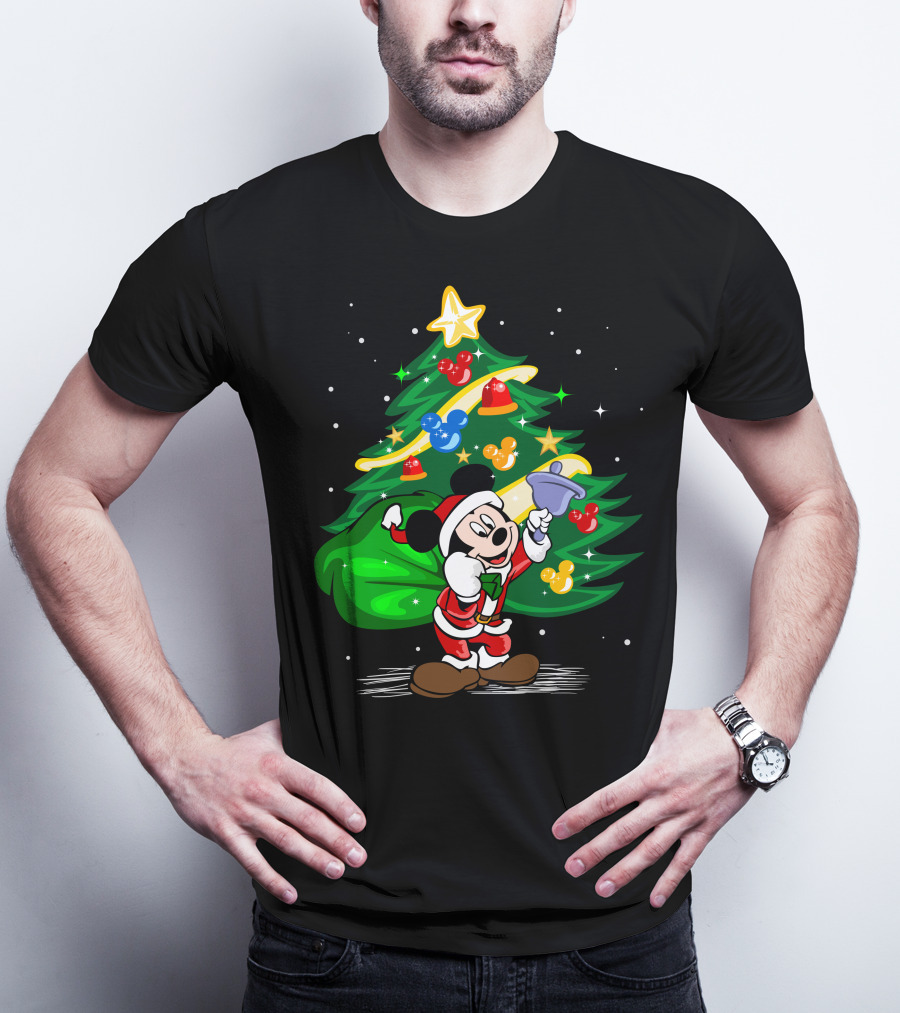 Mickey Mouse Santa With Christmas Tree And Ornaments T-Shirt
