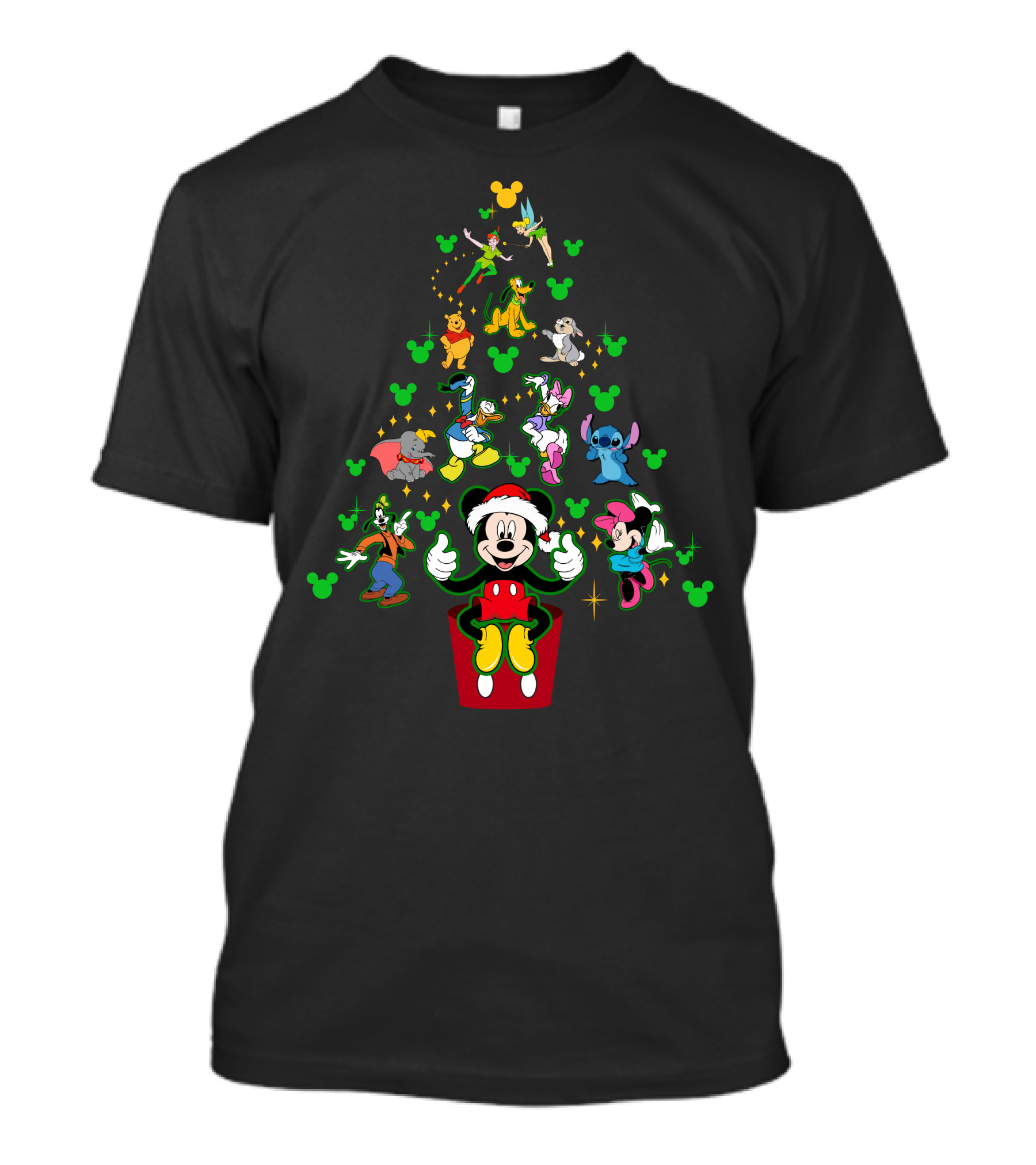 Merry Christmas 42 Disney Characters Tree Mickey Mouse Santa Minnie Stitch Tinker Bell Goofy Pluto Dumbo Winnie The Pooh T-Shirt
