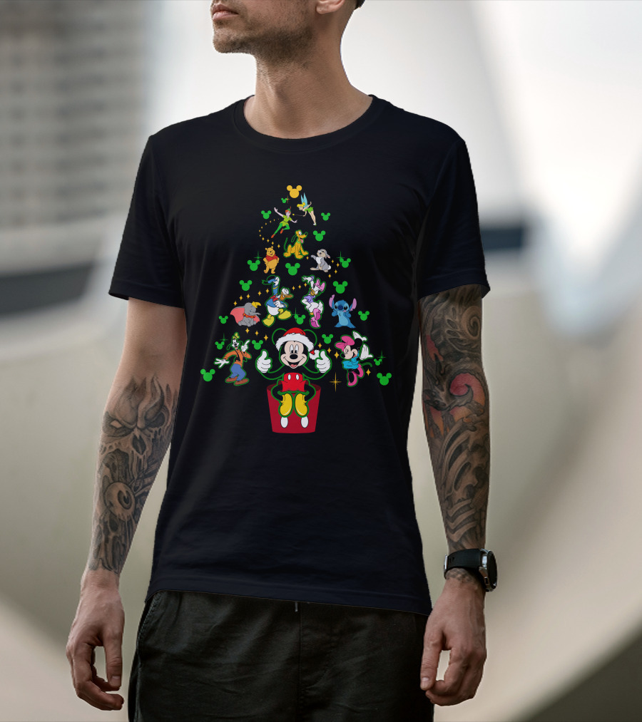 Merry Christmas 42 Disney Characters Tree Mickey Mouse Santa Minnie Stitch Tinker Bell Goofy Pluto Dumbo Winnie The Pooh T-Shirt