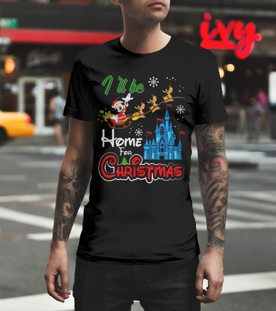 I'll Be Home For Christmas Mickey Mouse Santa Sleigh Castle Reindeer Snowflakes T-Shirt