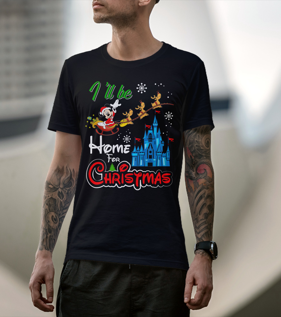 I'll Be Home For Christmas Mickey Mouse Santa Sleigh Castle Reindeer Snowflakes T-Shirt