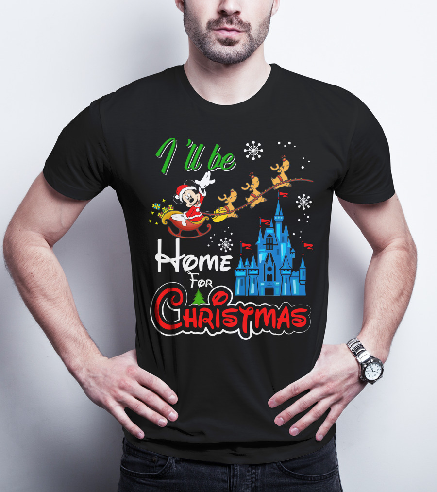 I'll Be Home For Christmas Mickey Mouse Santa Sleigh Castle Reindeer Snowflakes T-Shirt