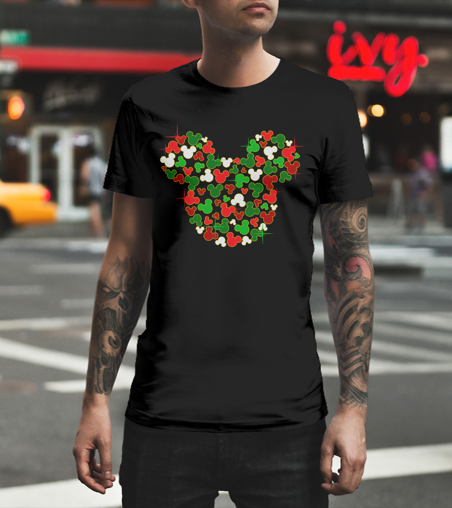 Festive Mickey Icon Pattern In Red Green And White T-Shirt