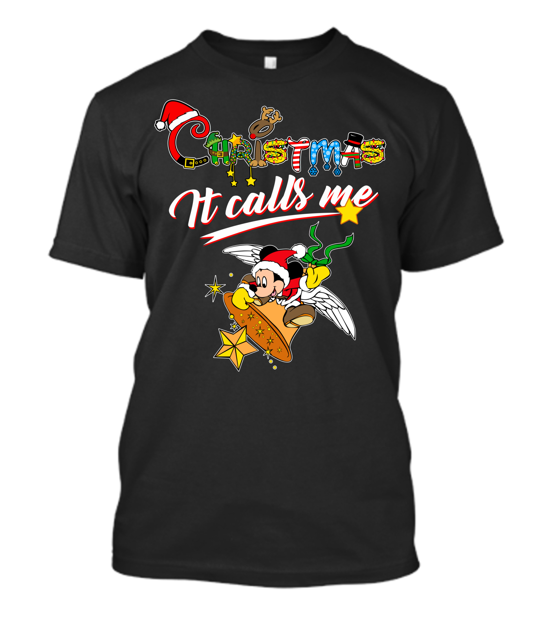 Christmas It Calls Me Mickey Santa Hat Winged Bell T-Shirt