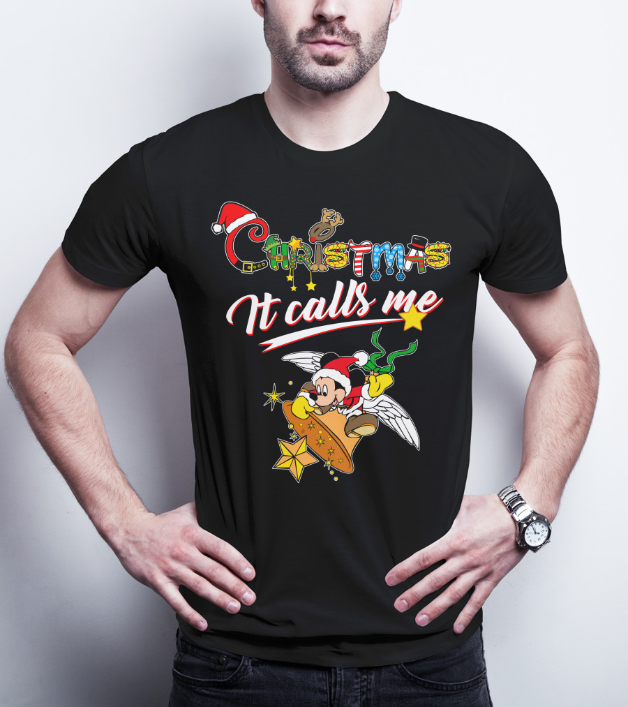 Christmas It Calls Me Mickey Santa Hat Winged Bell T-Shirt