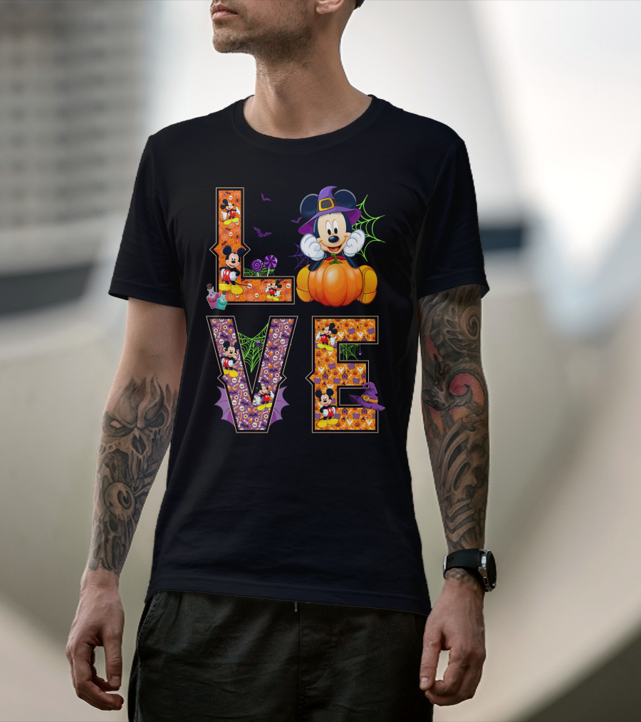 Love Halloween Mickey Mouse Pumpkin Witch Hat Spooky Bats T-Shirt