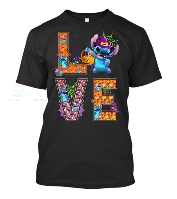 Love Stitch Halloween Theme With Pumpkin And Spiderwebs T-Shirt