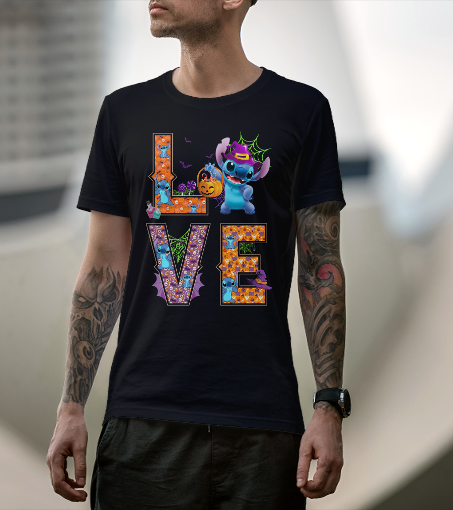 Love Stitch Halloween Theme With Pumpkin And Spiderwebs T-Shirt