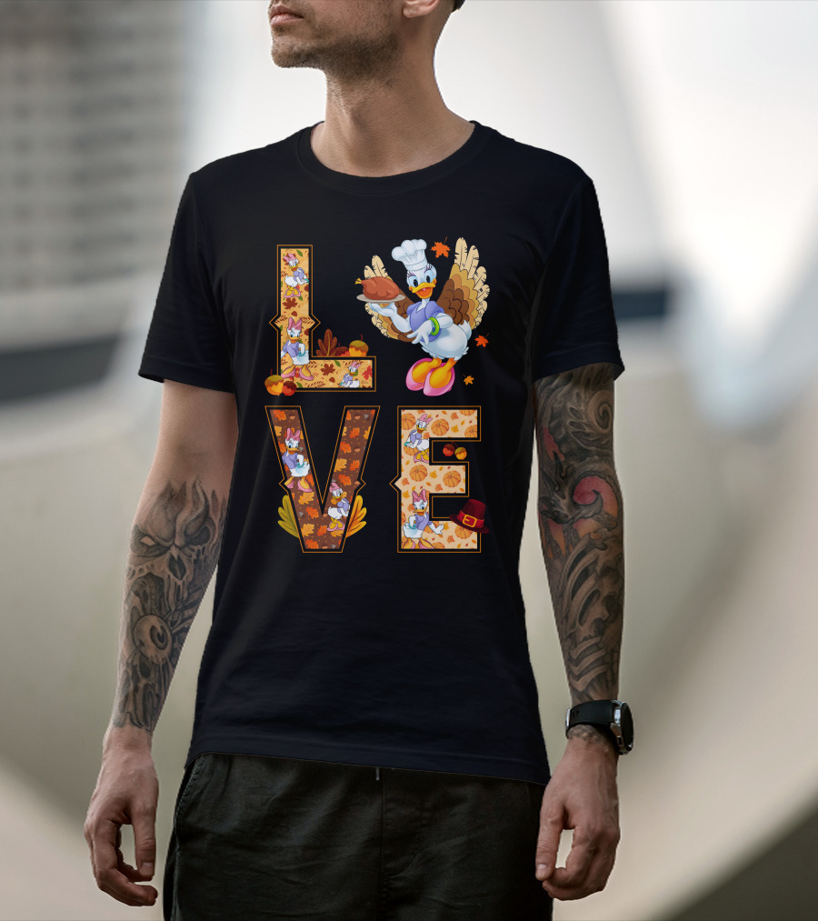 Thanksgiving Daisy Duck Love Fall Leaves Pumpkins Turkey Chef Hat T-Shirt