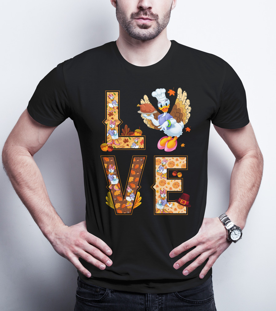 Thanksgiving Daisy Duck Love Fall Leaves Pumpkins Turkey Chef Hat T-Shirt