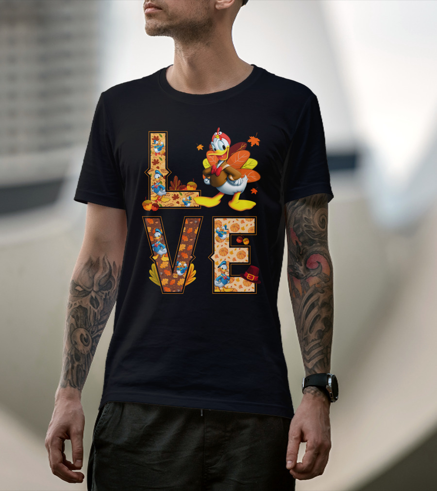 Love Thanksgiving Donald Duck Turkey Autumn Leaves Pumpkins T-Shirt