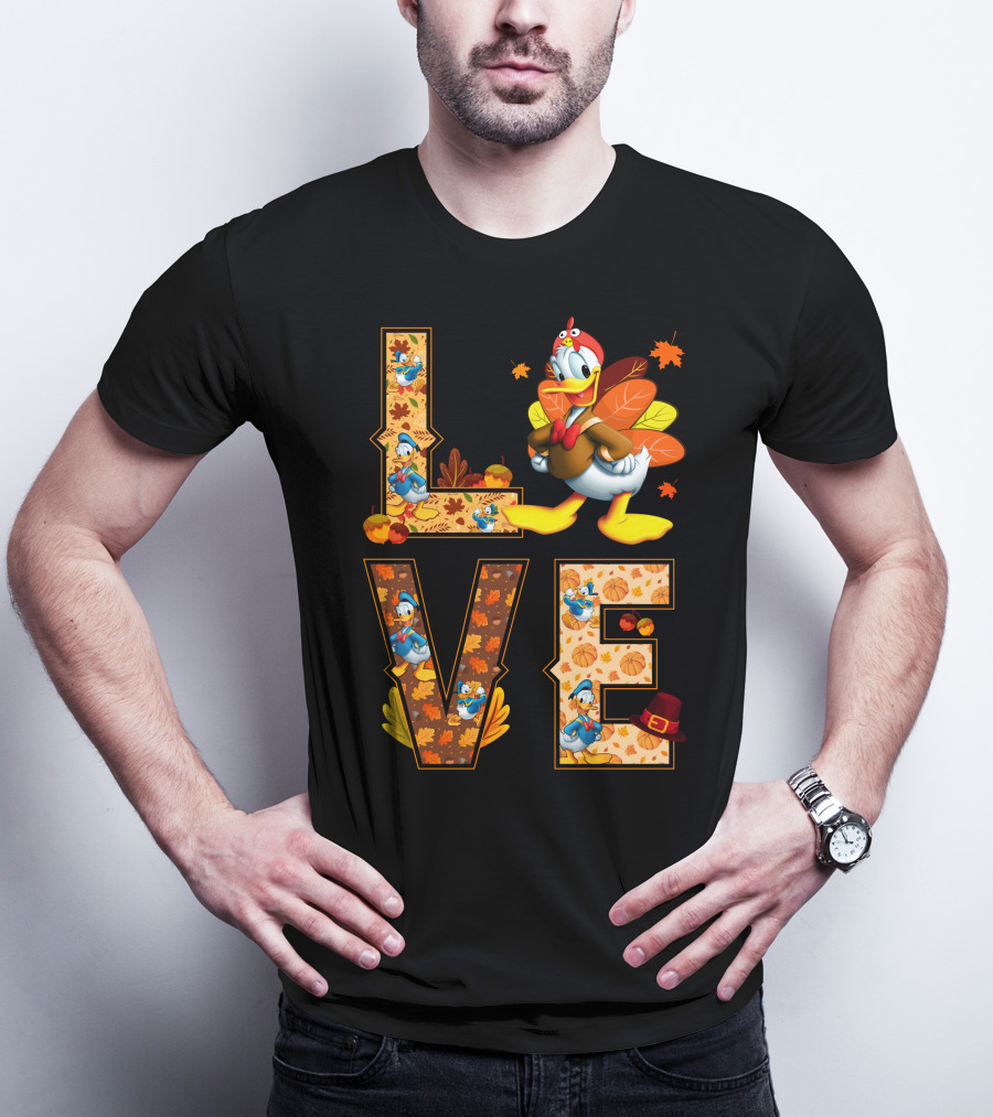 Love Thanksgiving Donald Duck Turkey Autumn Leaves Pumpkins T-Shirt