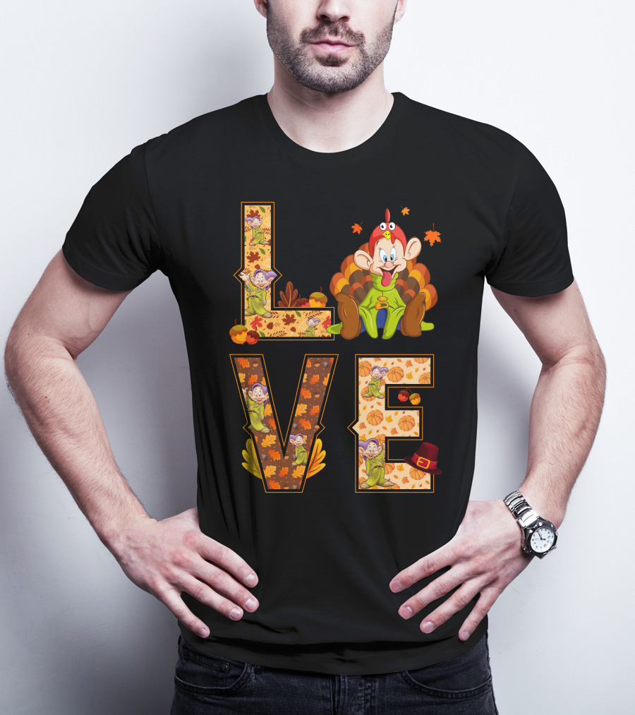 Love Thanksgiving Dopey Characters And Autumn Leaves T-Shirt