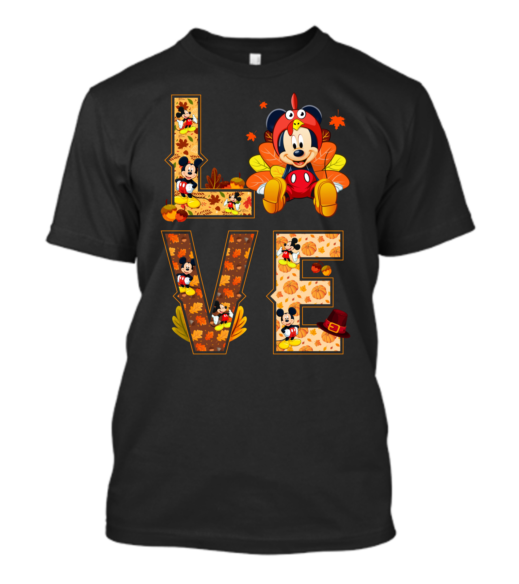 Mickey Love Thanksgiving Theme With Autumn Leaves And Pumpkins T-Shirt
