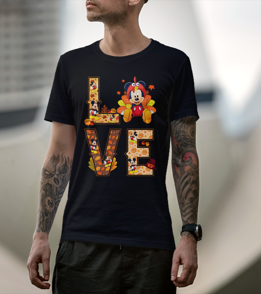 Mickey Love Thanksgiving Theme With Autumn Leaves And Pumpkins T-Shirt