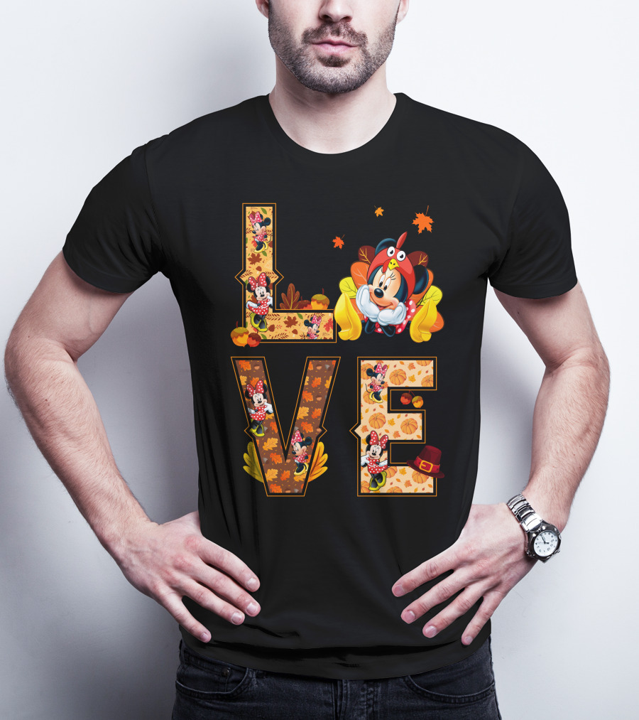 Autumn Love Minnie Mouse Fall Theme With Leaves And Pumpkins T-Shirt