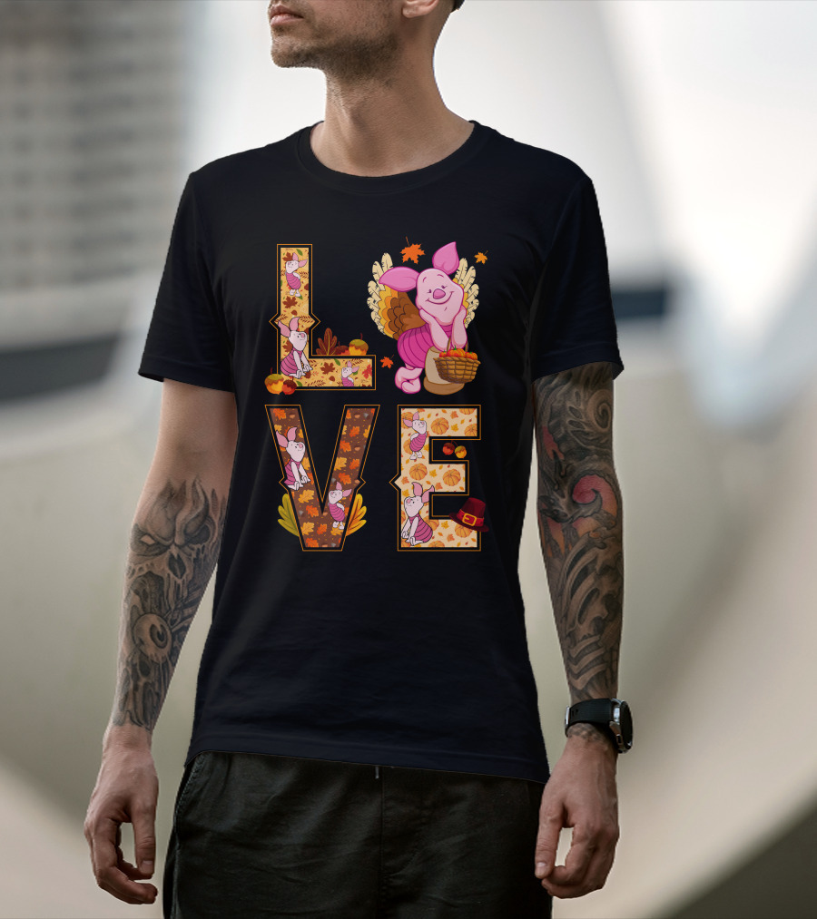 Piglet Love Autumn Harvest Thanksgiving Pumpkin Leaves T-Shirt