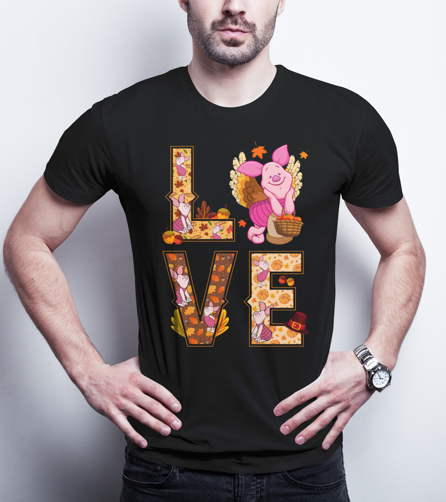Piglet Love Autumn Harvest Thanksgiving Pumpkin Leaves T-Shirt