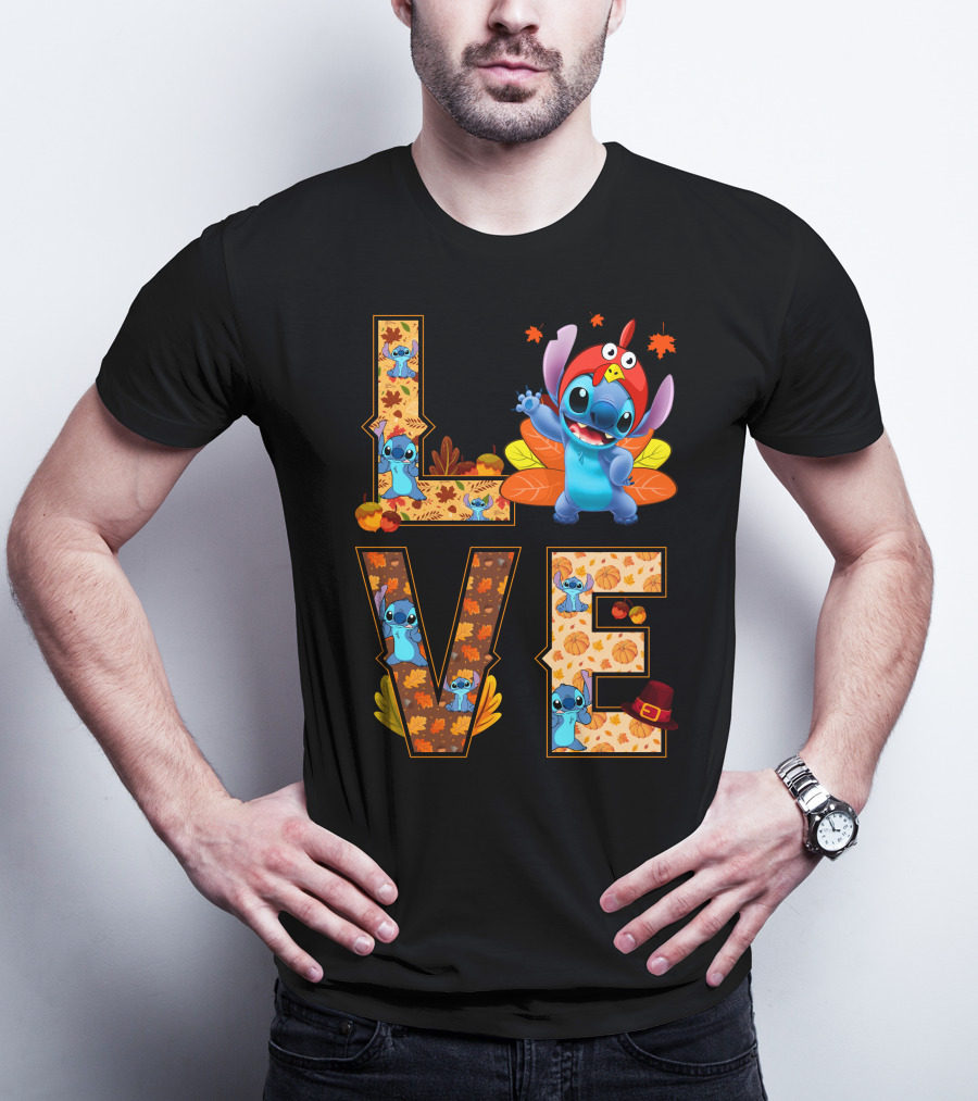 Love Stitch Thanksgiving Autumn Leaves Pumpkins Turkey Hat T-Shirt
