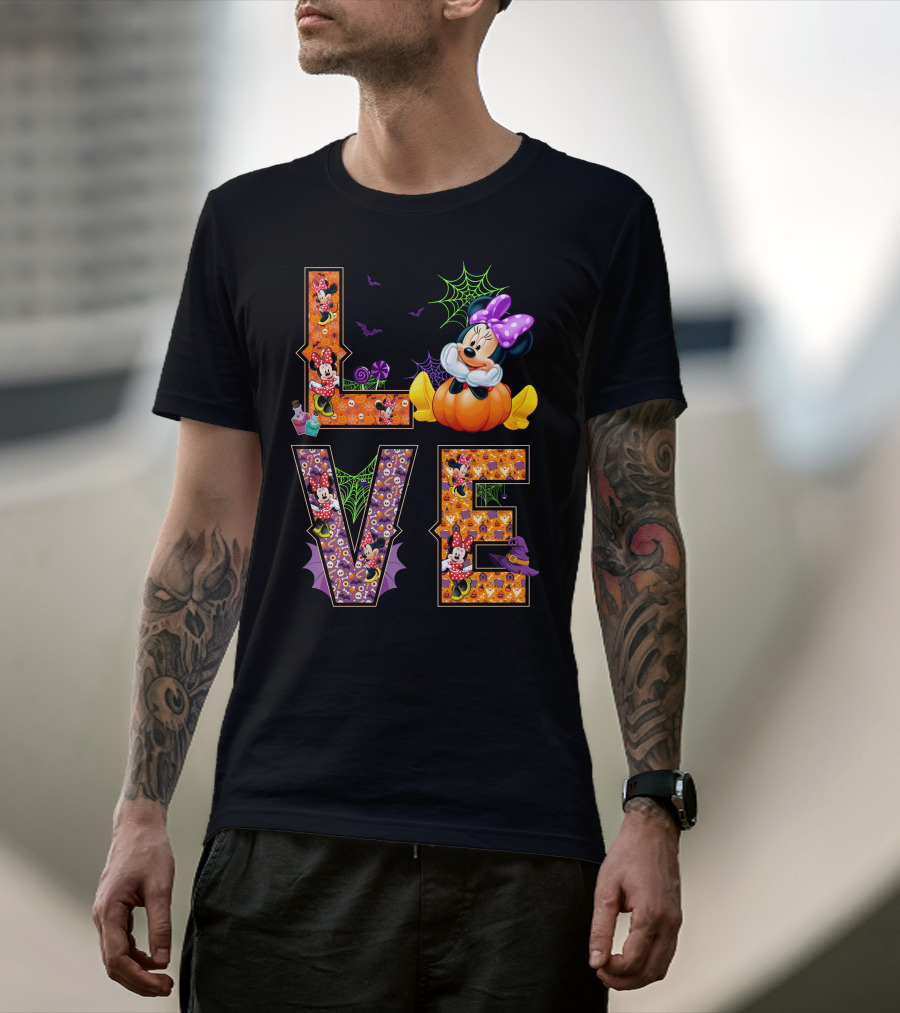 Love Minnie Halloween Pumpkin Bats Spiderwebs Bow T-Shirt