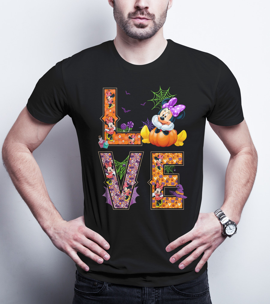 Love Minnie Halloween Pumpkin Bats Spiderwebs Bow T-Shirt