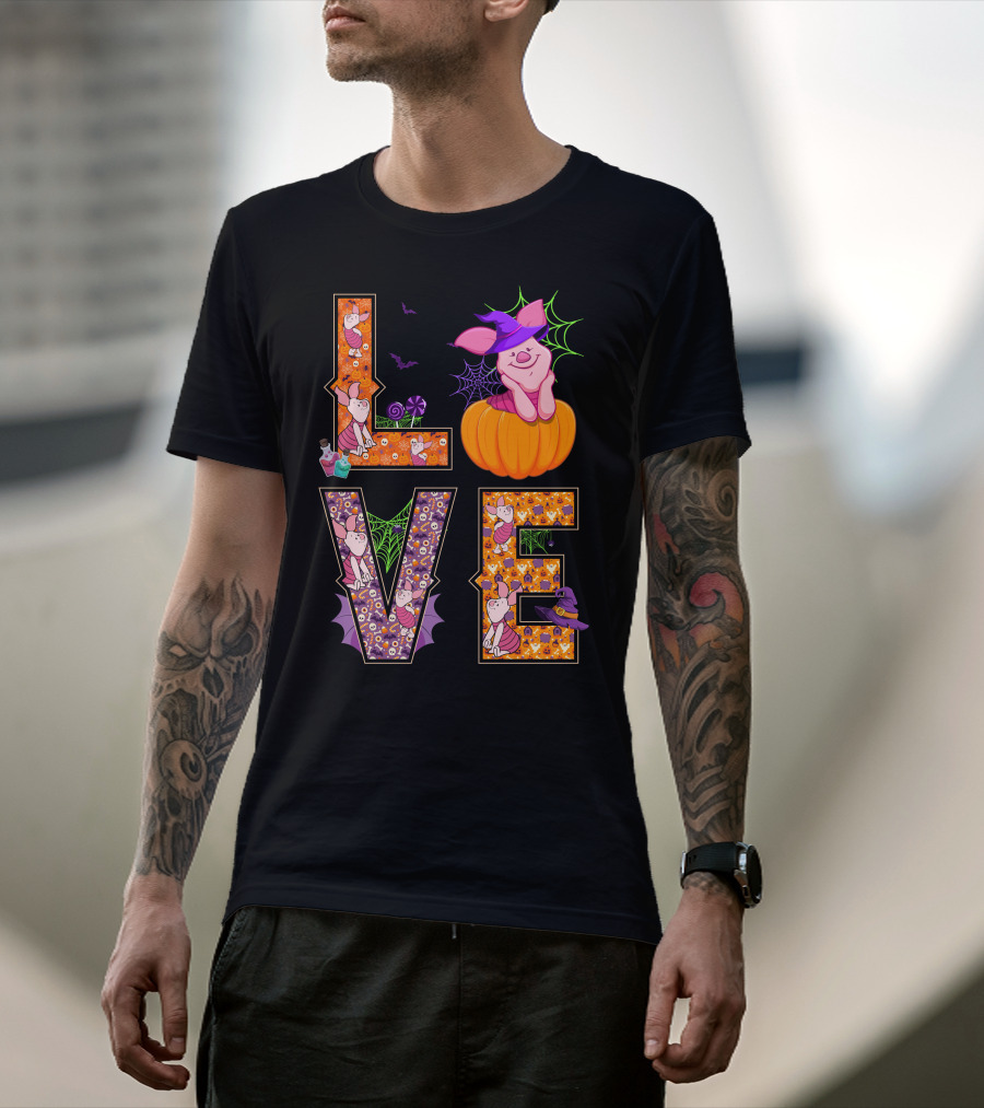 Love Piglet Halloween Pumpkin Bat Spiderwebs T-Shirt