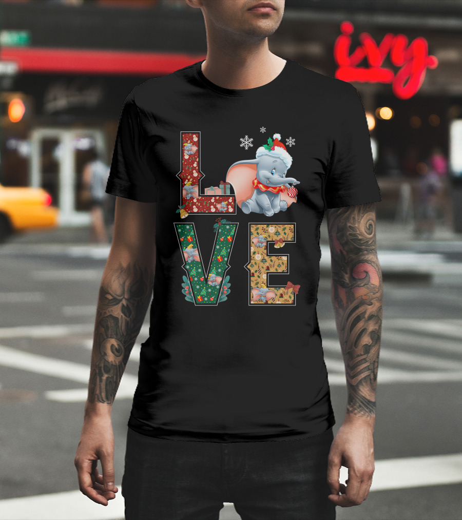 Love Dumbo Christmas Holiday Snowflakes Santa Hat Candy Cane T-Shirt