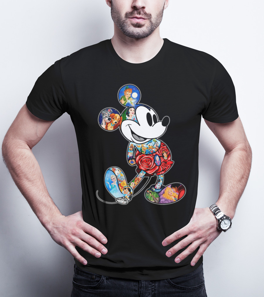 Mickey Mouse Collage Featuring Classic Disney Characters T-Shirt