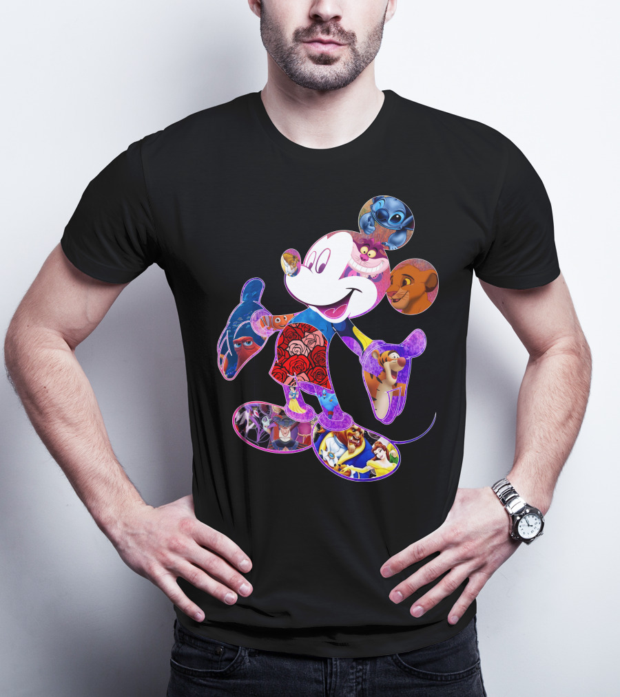 Mickey Mouse Collage Featuring Disney Characters From Lilo & Stitch The Lion King Finding Nemo Winnie The Pooh The Little Mermaid Beauty And The Beast T-Shirt