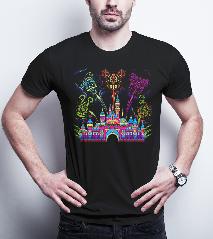 Disney Neon Fireworks Castle Mickey Minnie Goofy T-Shirt