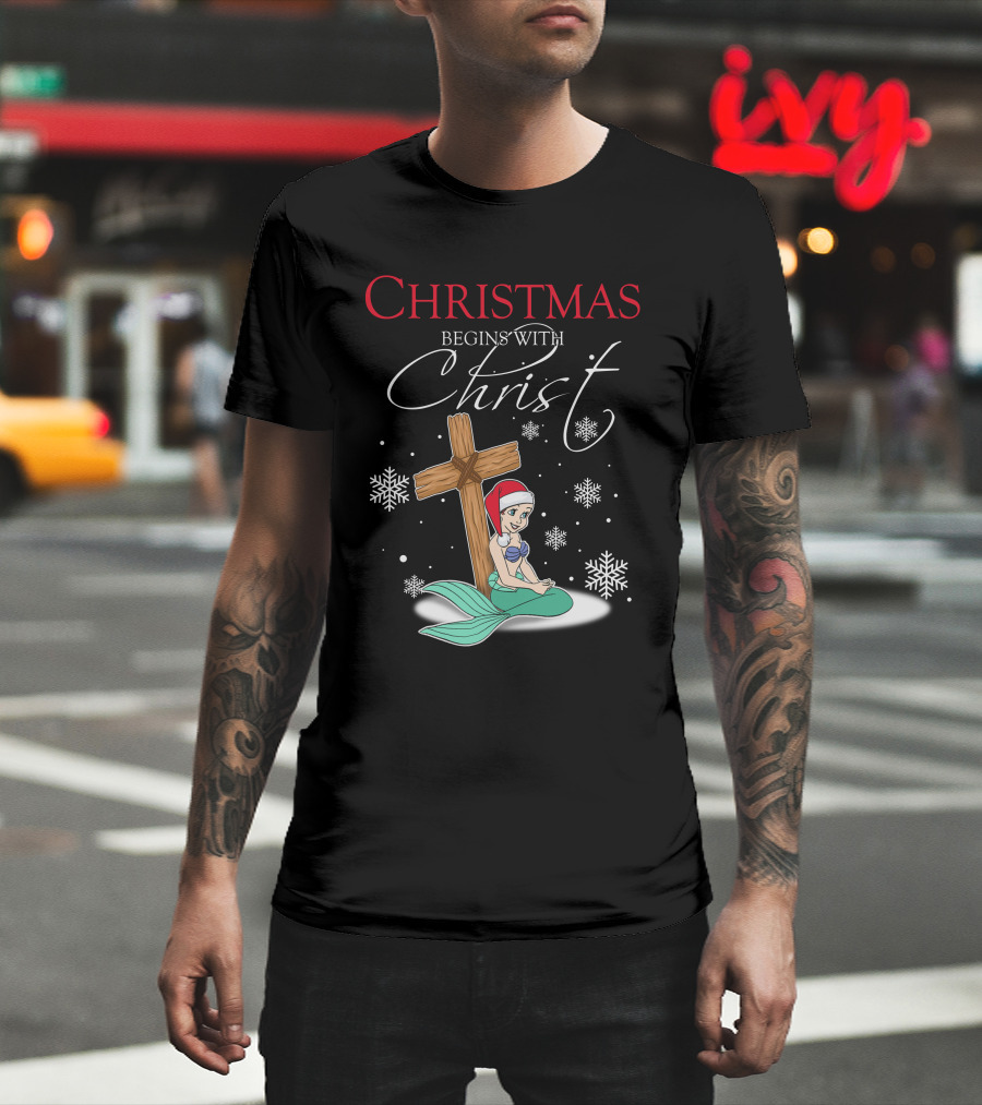 Christmas Begins With Christ Ariel Snowflakes T-Shirt