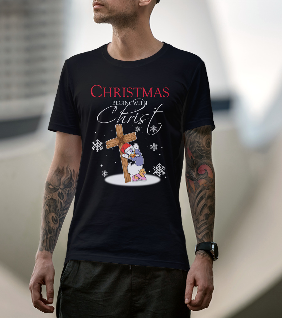 Christmas Begins With Christ Daisy With Cross And Snowflakes T-Shirt