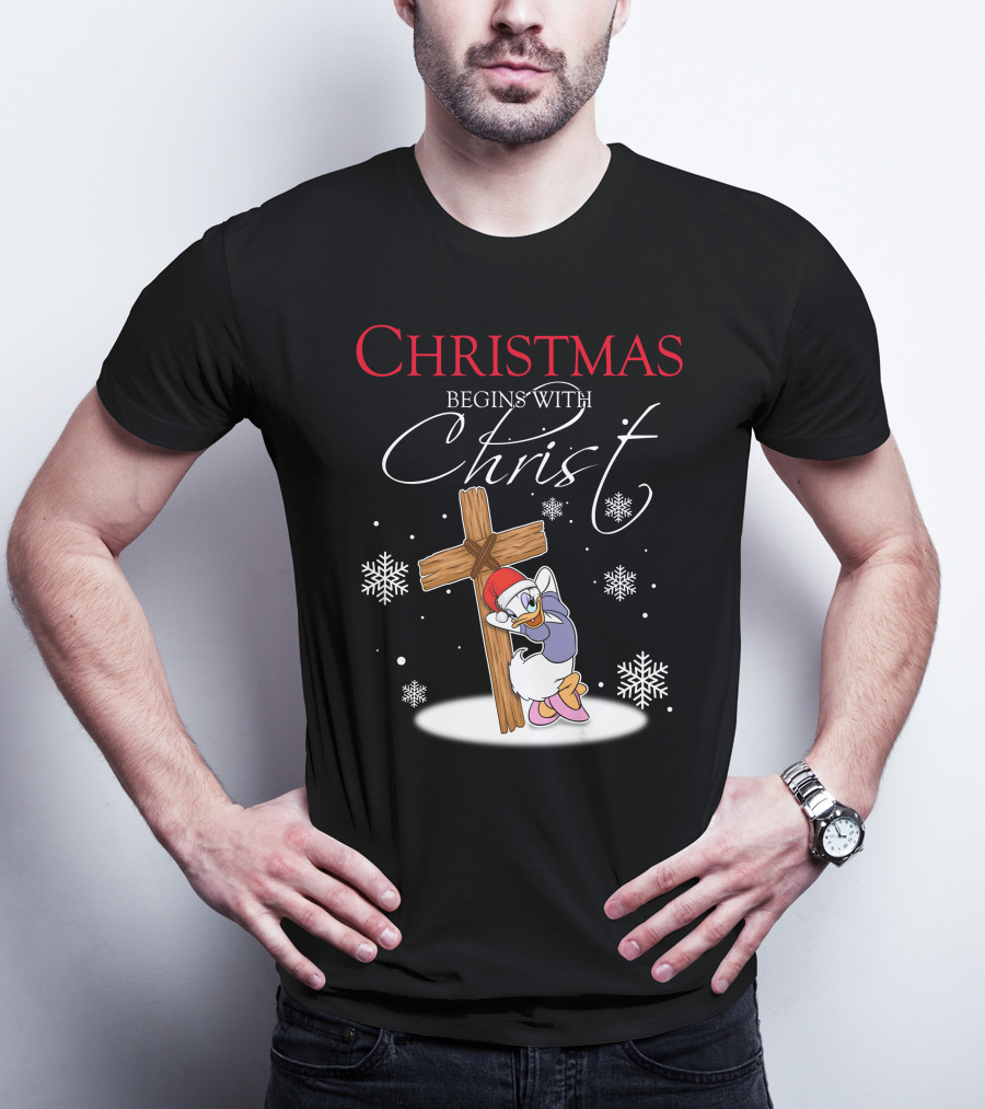 Christmas Begins With Christ Daisy With Cross And Snowflakes T-Shirt