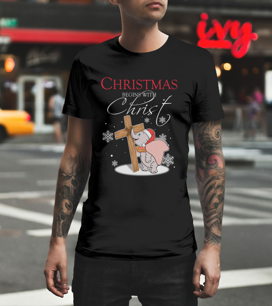 Christmas Begins With Christ Dumbo Santa Hat Cross Snowflakes T-Shirt