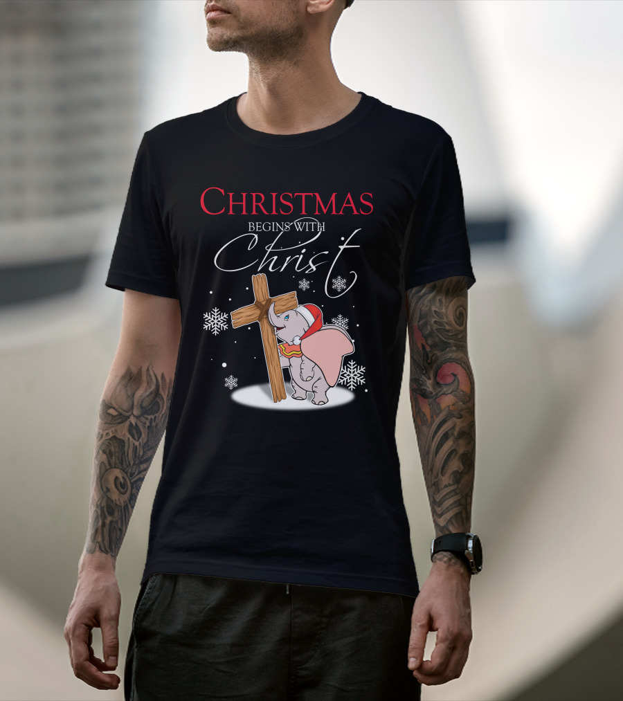 Christmas Begins With Christ Dumbo Santa Hat Cross Snowflakes T-Shirt