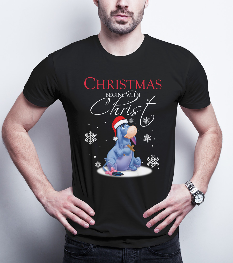 Christmas Begins With Christ Eeyore Santa Hat Snowflakes T-Shirt