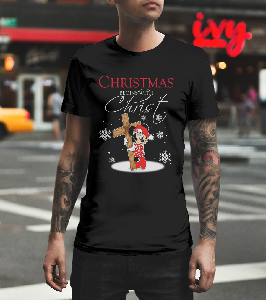 Christmas Begins With Christ Minnie Santa Hat Snowflakes T-Shirt